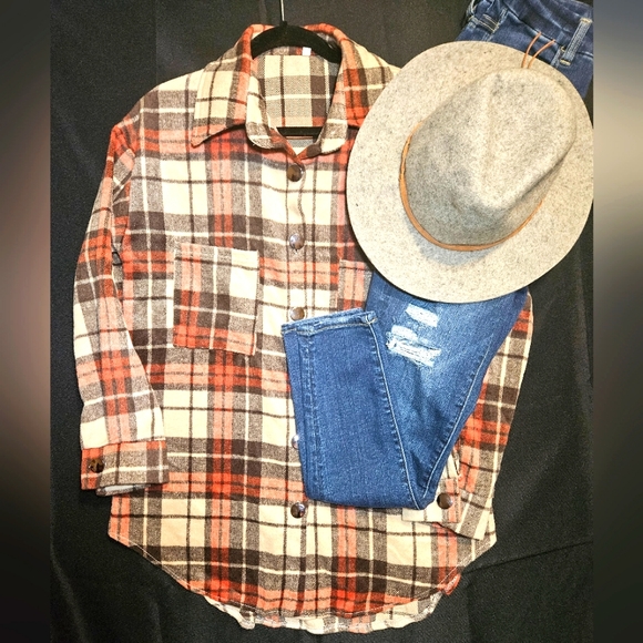 Jackets & Coats | Orange Brown Shacket Shirt Jacket Check Plaid Flannel ...